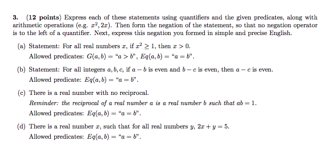 Solved 3. (12 points) Express each of these statements using | Chegg.com