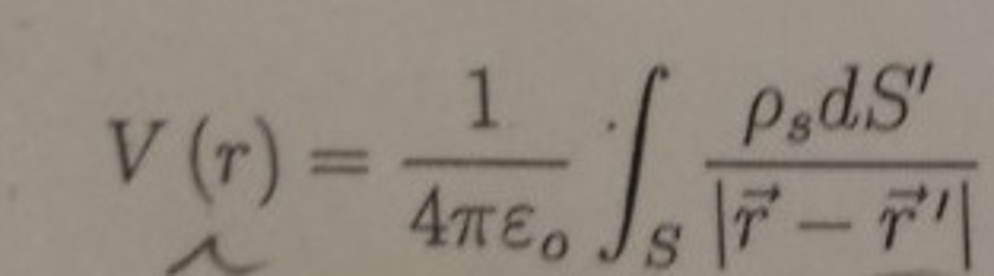 Solved V(t) = 1/4 pi epsilon_0 integral _S rho_s dS'/|r - r| | Chegg.com