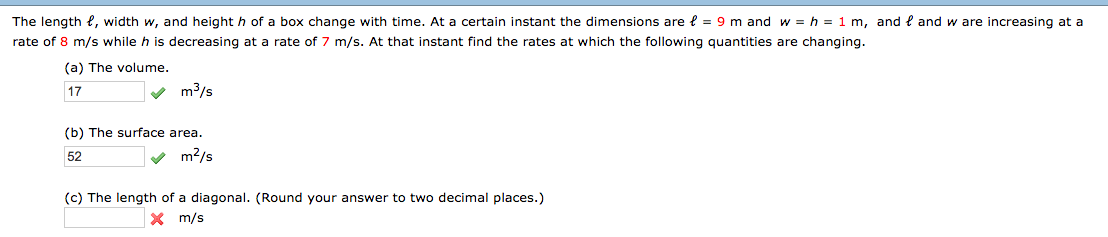 Solved The length , width w, and height h of a box change | Chegg.com