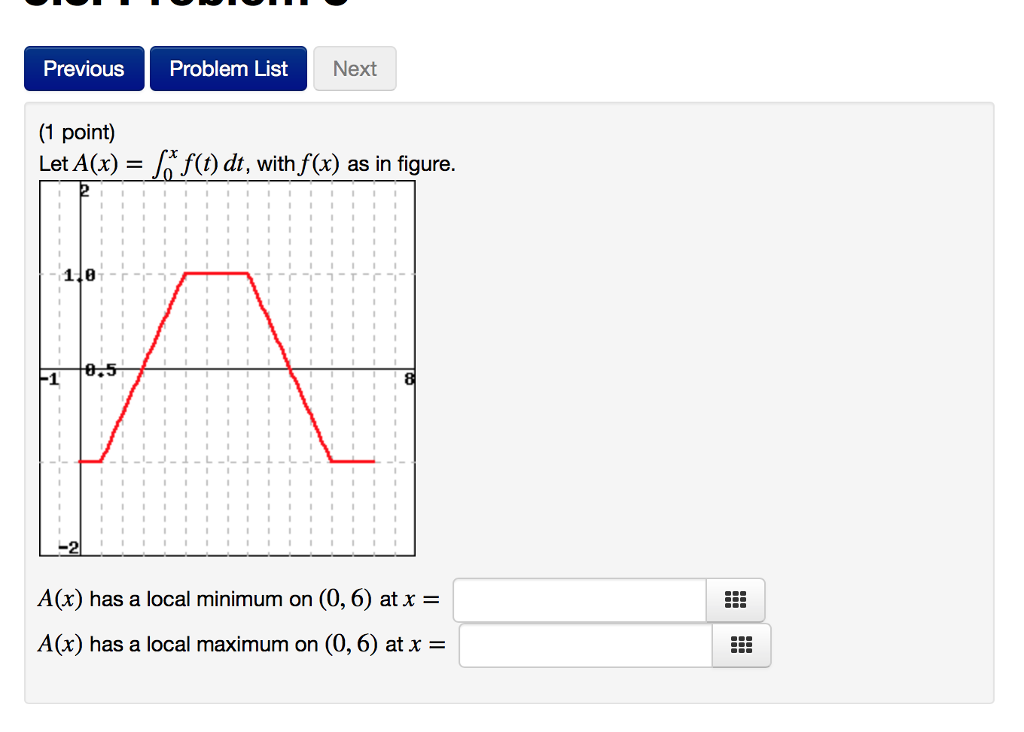 Solved PreviouS Problem List Next (1 point) Let A(x)( t) dt | Chegg.com
