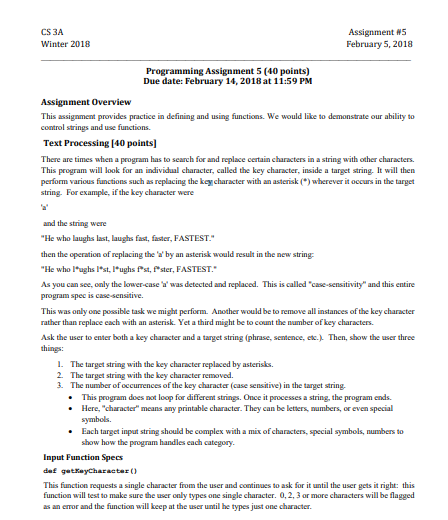 Solved CS 3A Winter 2018 Assignment #5 February 5, 2018 | Chegg.com