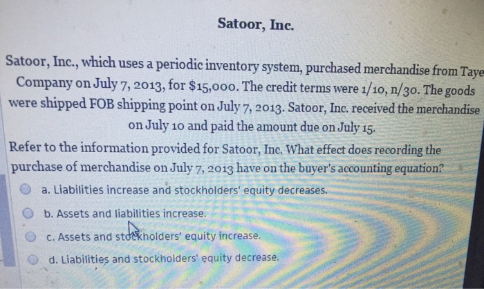 Solved Satoor, Inc., which uses a periodic inventory system, | Chegg.com