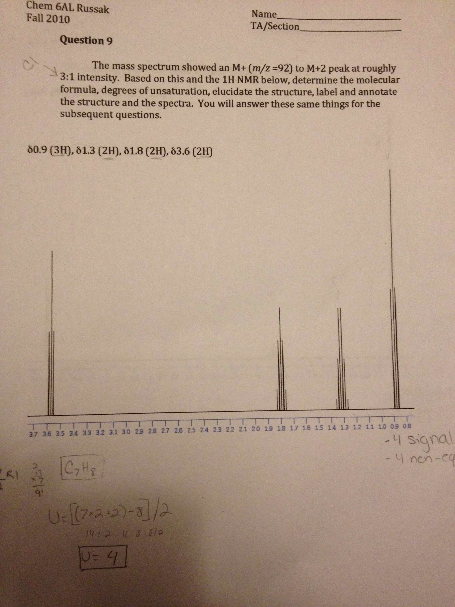 Solved The mass spectrum showed an M+ (m/z = 92) to M+2 peak | Chegg.com
