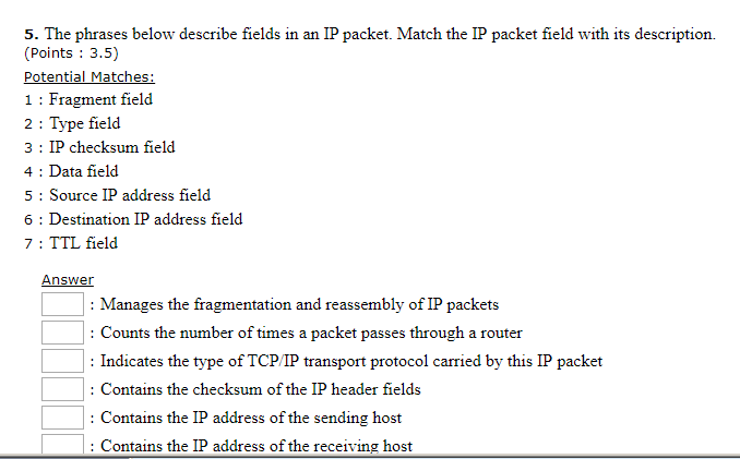 Solved 5. The phrases below describe fields in an IP packet. | Chegg.com