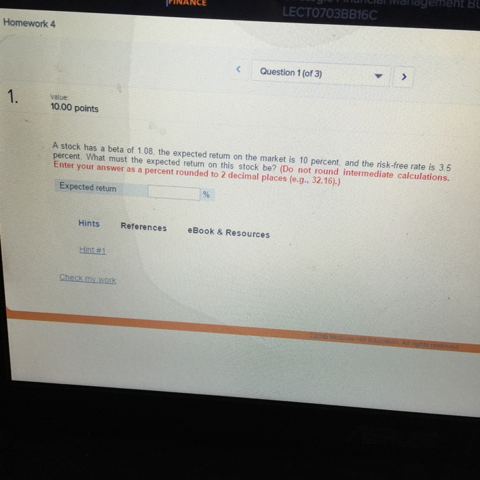 Solved A stock has a beta of 1.08, the expected return on | Chegg.com