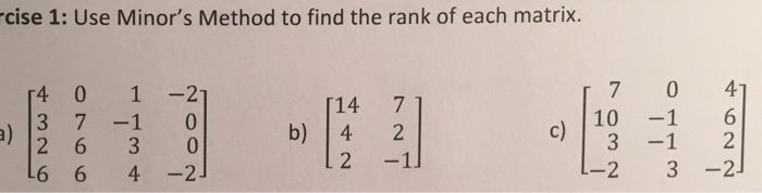 Solved Use Minor's Method to find the rank of each Matrix. | Chegg.com