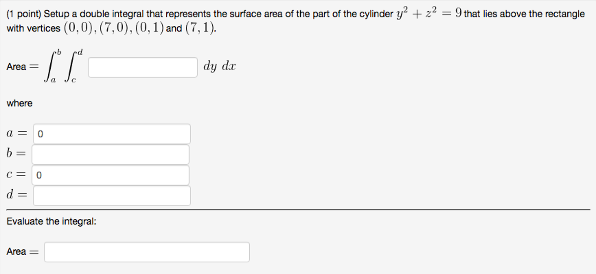Solved Setup a double integral that represents the surface | Chegg.com