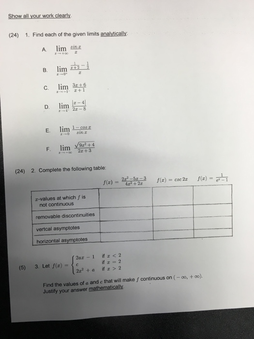 Solved Find Each Of The Given Limits Analytically 2 