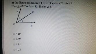 Solved In the figure below, m angle 1 = x + 3 and m angle 2 | Chegg.com