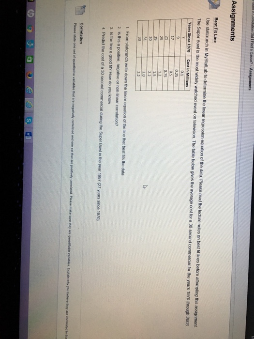 Solved Use statcrunch in MyStatlab to determine the linear | Chegg.com
