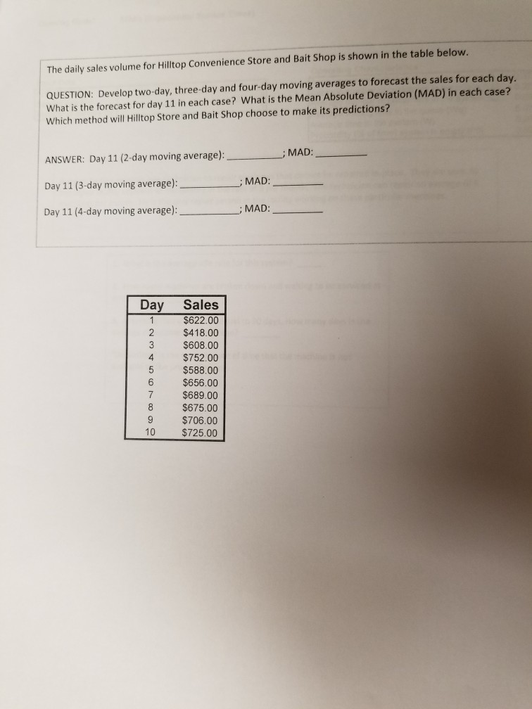 Solved The daily sales volume for Hilltop Convenience Store | Chegg.com
