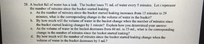 Solved A bucket full of water has a leak. The bucket loses | Chegg.com