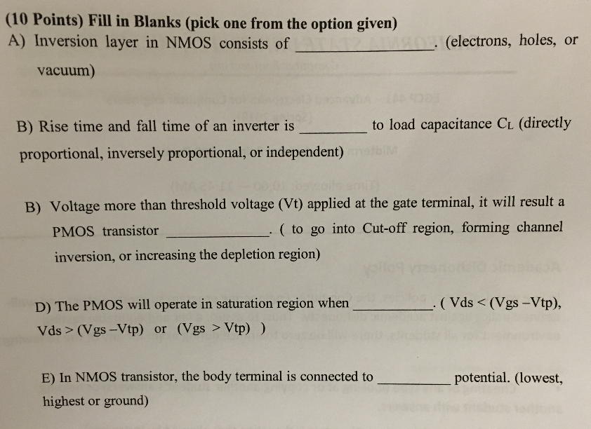 Solved (10 Points) Fill in Blanks (pick one from the option | Chegg.com
