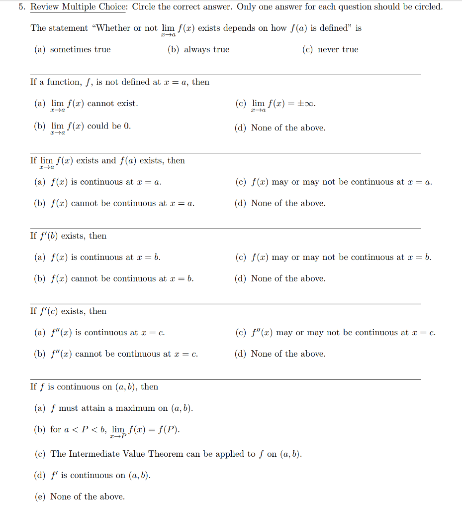 Solved 5. Review Multiple Choice: Circle the correct answer. | Chegg.com