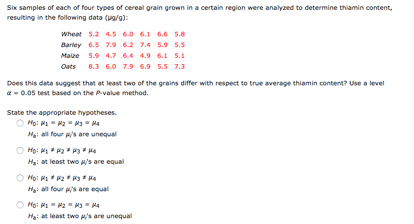 Solved Six samples of each of four types of cereal grain | Chegg.com