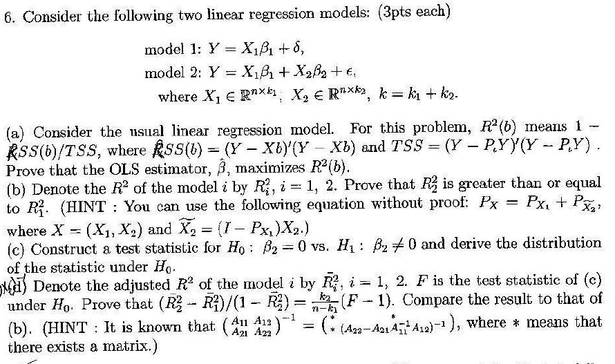 Consider the following two linear regression models: | Chegg.com