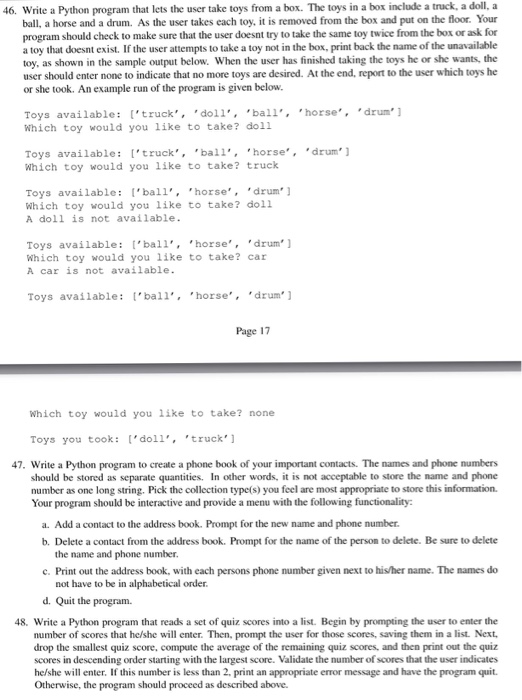 Solved Write a Python program that lets the user take toys | Chegg.com