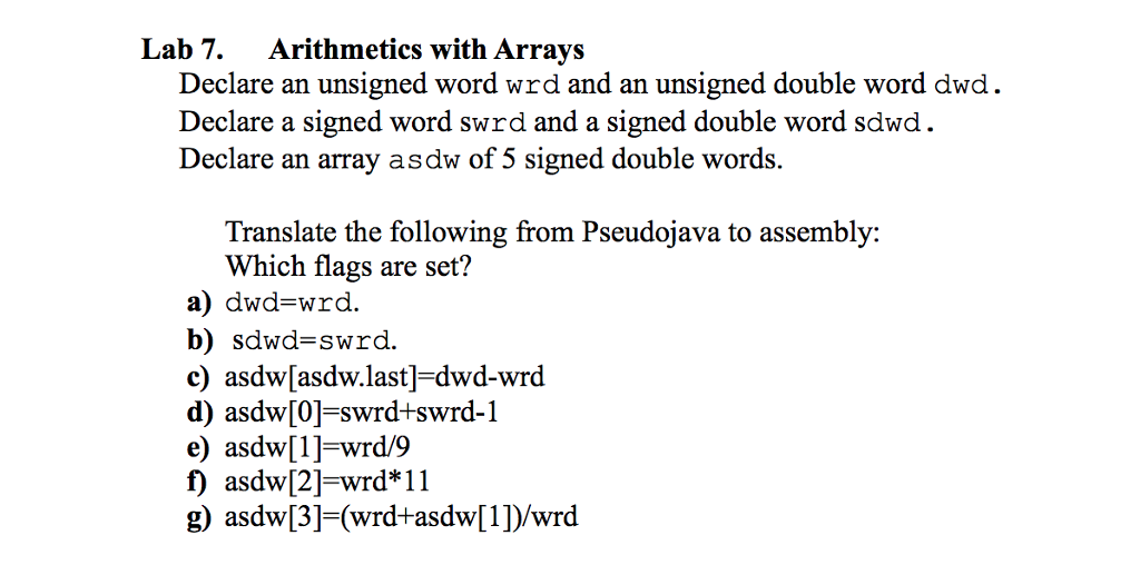 Lab 7. Arithmetics with Arrays Declare an unsigned | Chegg.com