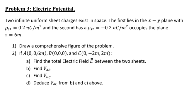 Solved Problem 3: Electric Potential. Two infinite uniform | Chegg.com