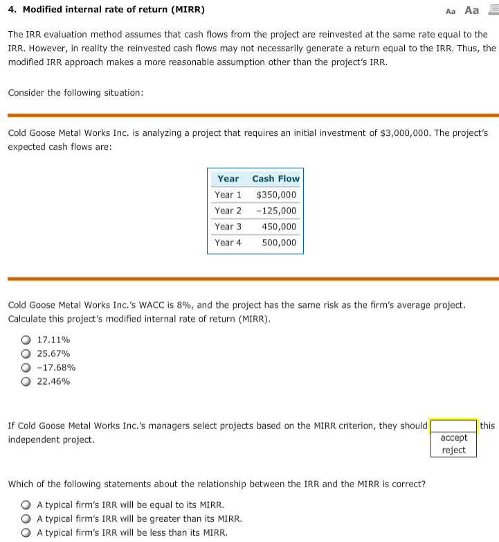 Solved 4 Modified Internal Rate Of Return Mirr The Irr