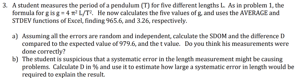 Solved 3. A student measures the period of a pendulum (T) | Chegg.com