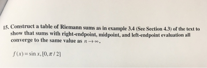 Solved Construct a table of Riemann sums as in example 3.4 | Chegg.com