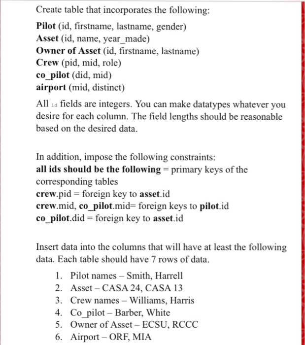 Solved Create table that incorporates the following: Pilot | Chegg.com