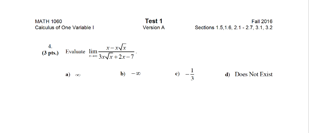 Solved MATH 1060 Calculus of One Variable I Test 1 Version A | Chegg.com