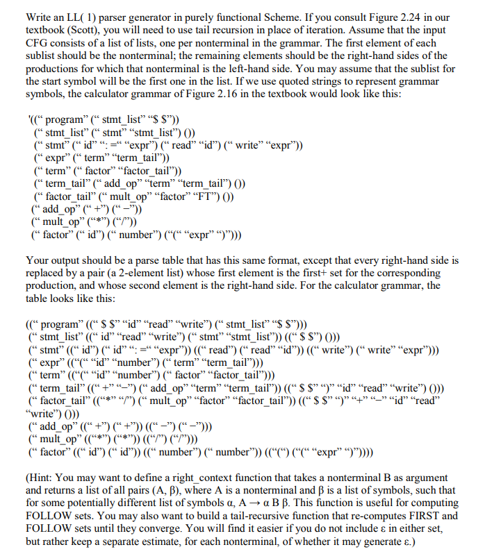 Write an LL( 1) parser generator in purely functional | Chegg.com