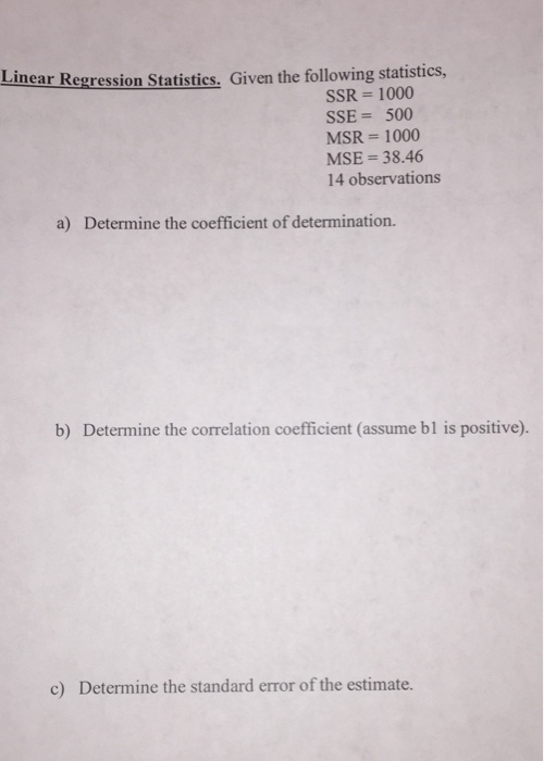 Solved Given the following statistics, SSR = 1000 SSE = 500 | Chegg.com