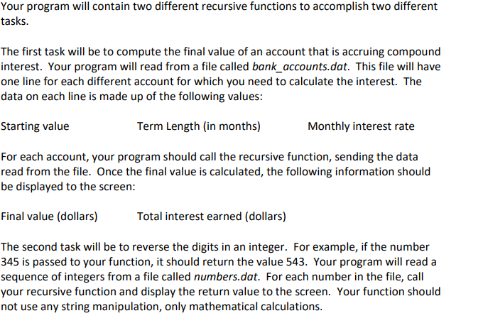 Solved Your program will contain two different recursive | Chegg.com