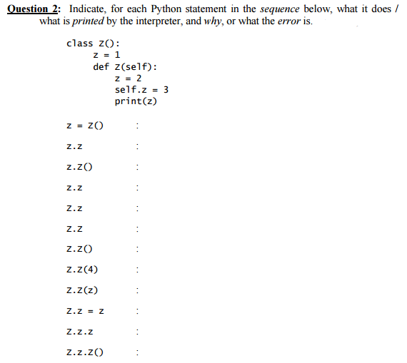 Solved Indicate, for each Python statement in the sequence | Chegg.com