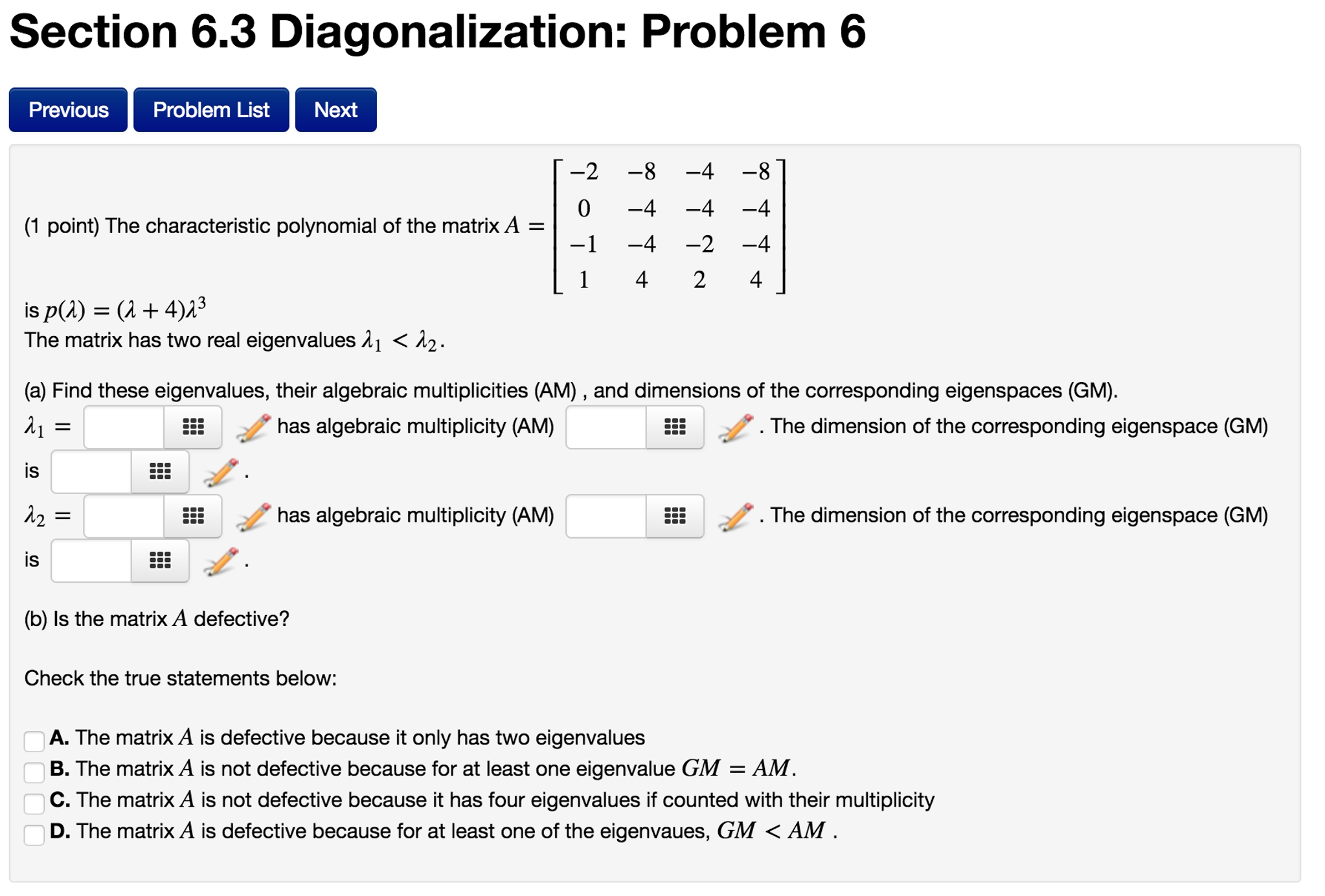 Solved The Characteristic Polynomial Of The Matrix A 2 Chegg