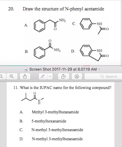 Solved 20. Draw the structure of N-phenyl acetamide NH2 A. | Chegg.com