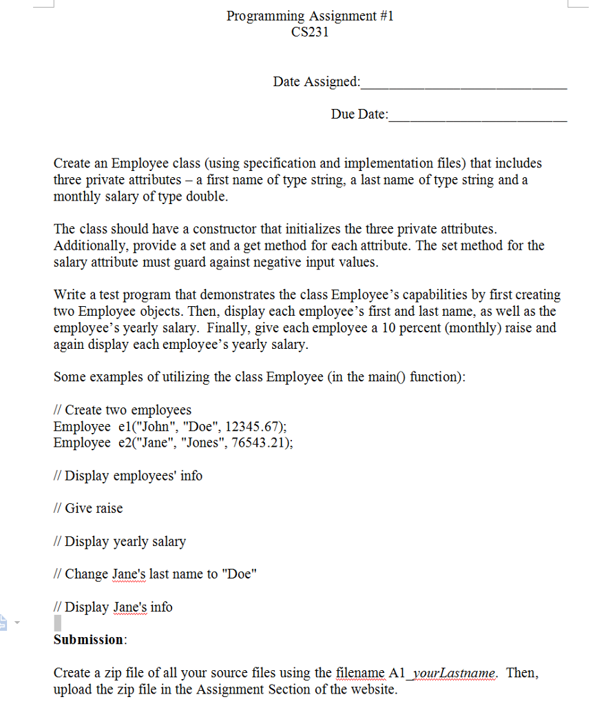 Solved Create An Employee Class Using Specification And 8922