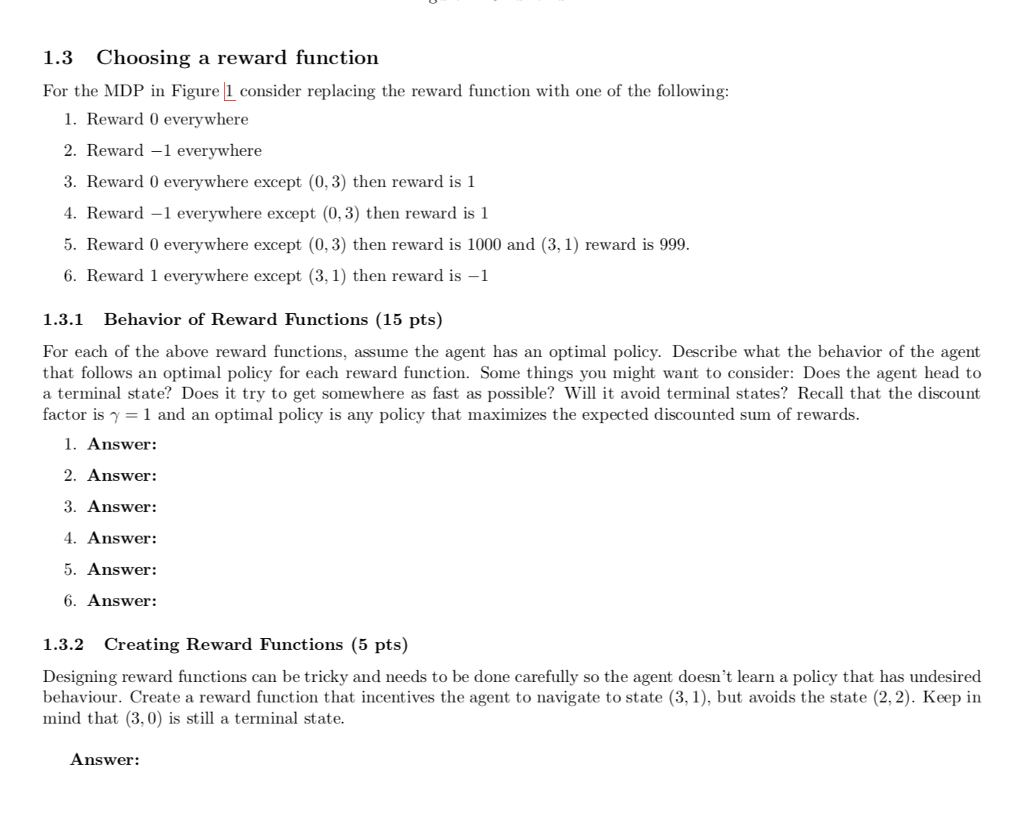1.3 Choosing a reward functioin For the MDP in Figure | Chegg.com