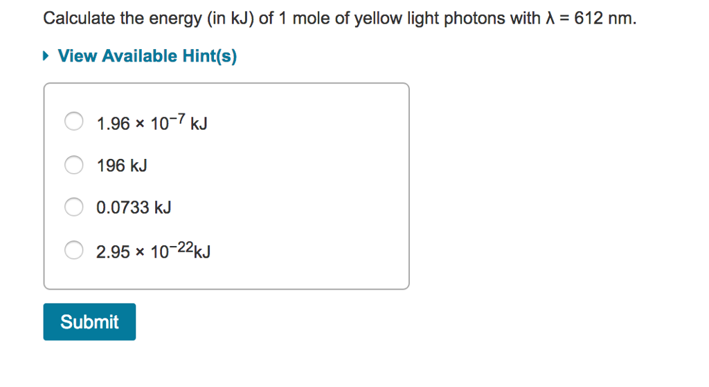 Solved Calculate the energy (in kJ) of 1 mole of yellow | Chegg.com