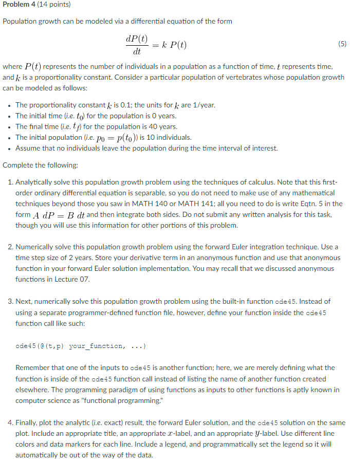Population growth can be modeled via a differential | Chegg.com