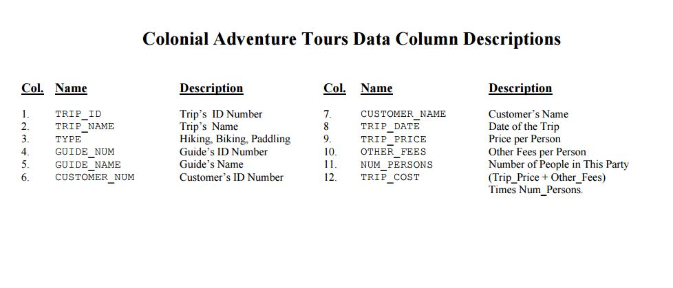 Colonial Adventure Tours Data Column Descriptions | Chegg.com
