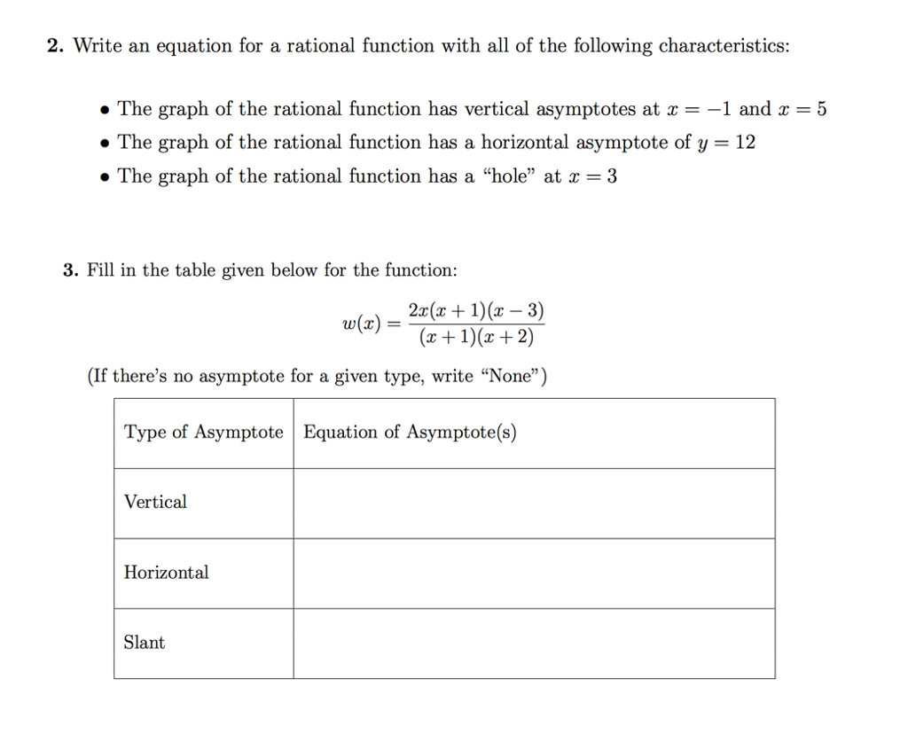 Solved 2. Write an equation for a rational function with all | Chegg.com
