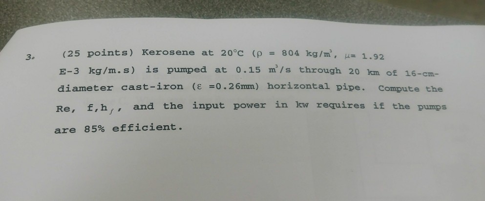 Solved Kerosene at 20 degree C (rho = 804 kg/m^3, mu = 1.92 | Chegg.com