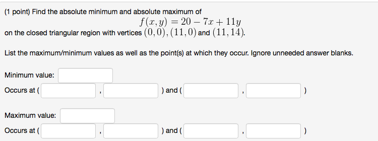 Solved (1 point) Find the absolute minimum and absolute | Chegg.com
