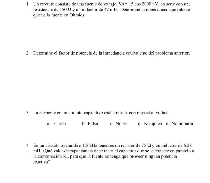 Solved Un circuito consiste de una fuente de voltaje, Vs = | Chegg.com