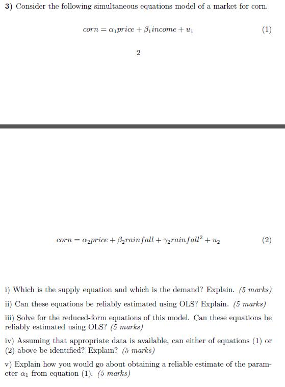 Solved Consider the following simultaneous equations model | Chegg.com