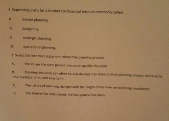 Solved Expressing plans for a business in financial terms is | Chegg.com