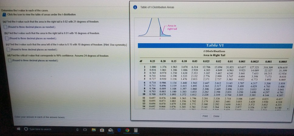 Solved 6 Table of t-Distribution Areas Determine the 1-value | Chegg.com