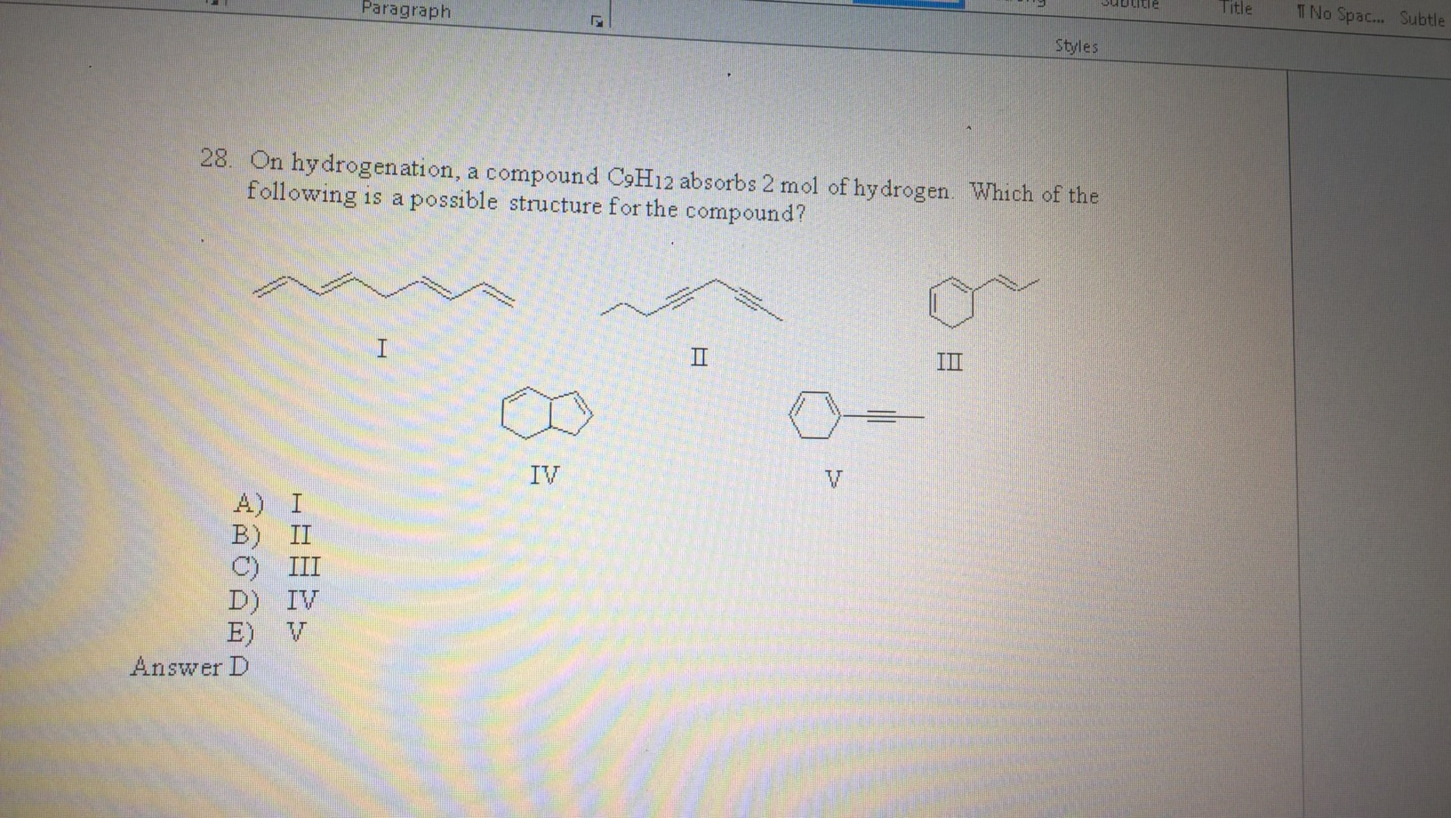 Solved On hydrogenation, a compound C9H12 absorbs 2 mol of | Chegg.com