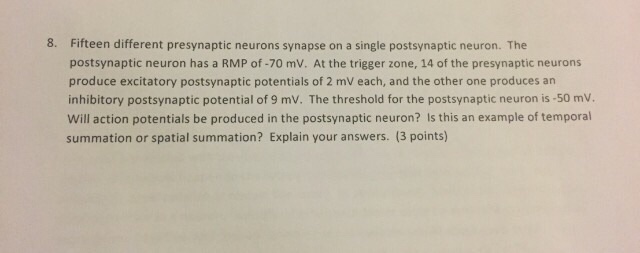 Solved Fifteen different presynaptic neurons synapse on a | Chegg.com