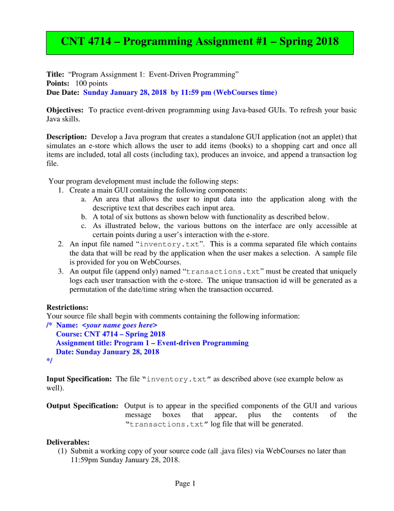 CNT 4714-Programming Assignment #1-Spring 2018 Title: | Chegg.com