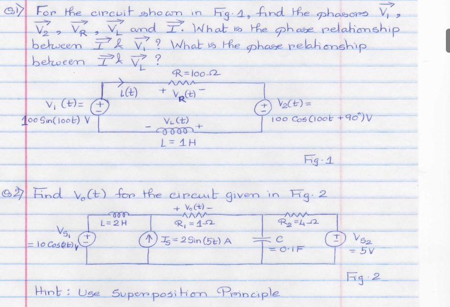 Solved For the circuit shown in Fig 1, find the phasors v1 | Chegg.com